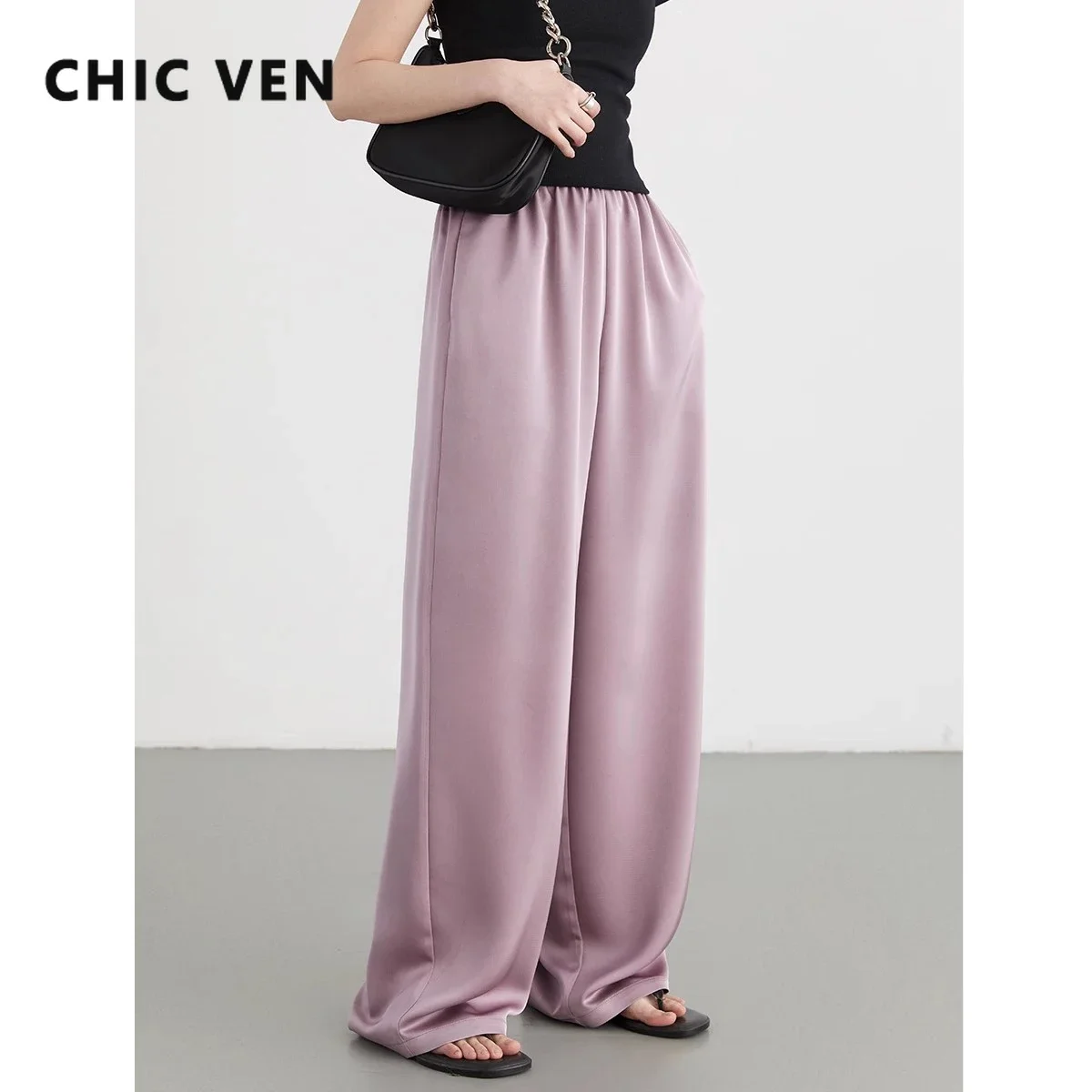 CHIC VEN Women Pants Solid New Elastic High Waisted Casual Wide Leg ...