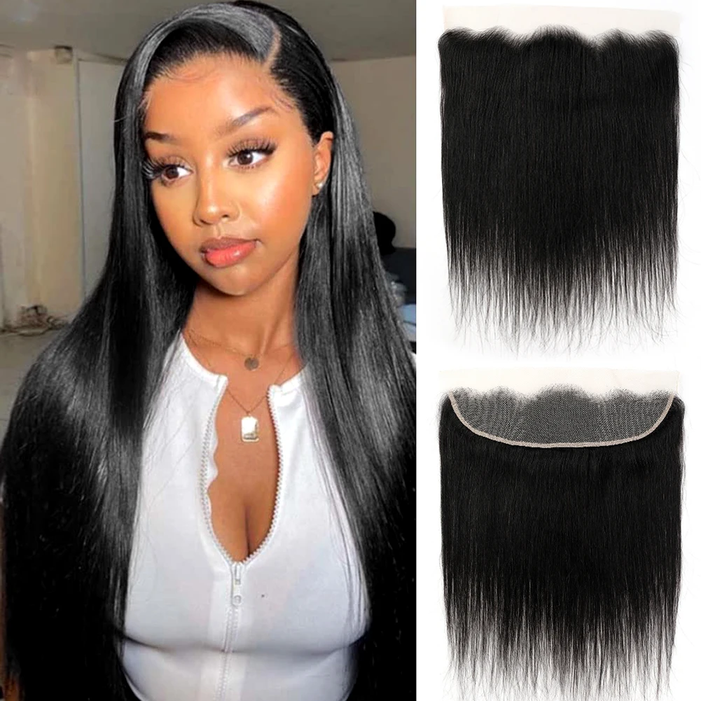 13x4 Lace Frontal Brazilian Straight Closure Human Hair Transparent Ear ...