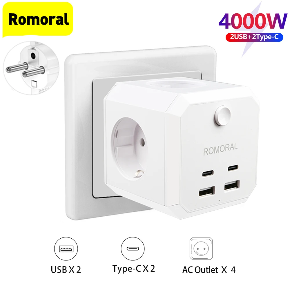 4000W-EU-Power-Strip-USB-Type-C-Plug-Scoket-16A-Wall-Charger ...