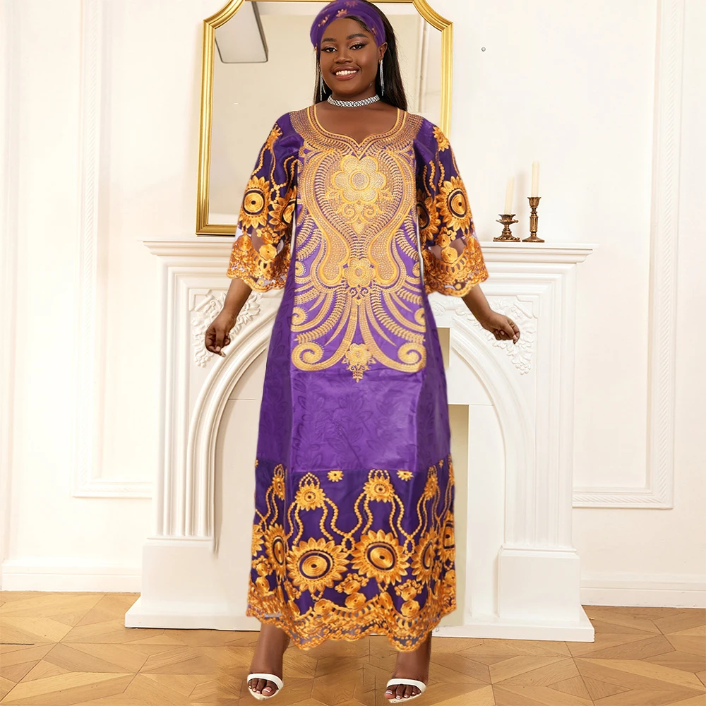 H-D-African-Dresses-For-Women-Traditional-Embroidery-Bazin-Floral-Boho ...