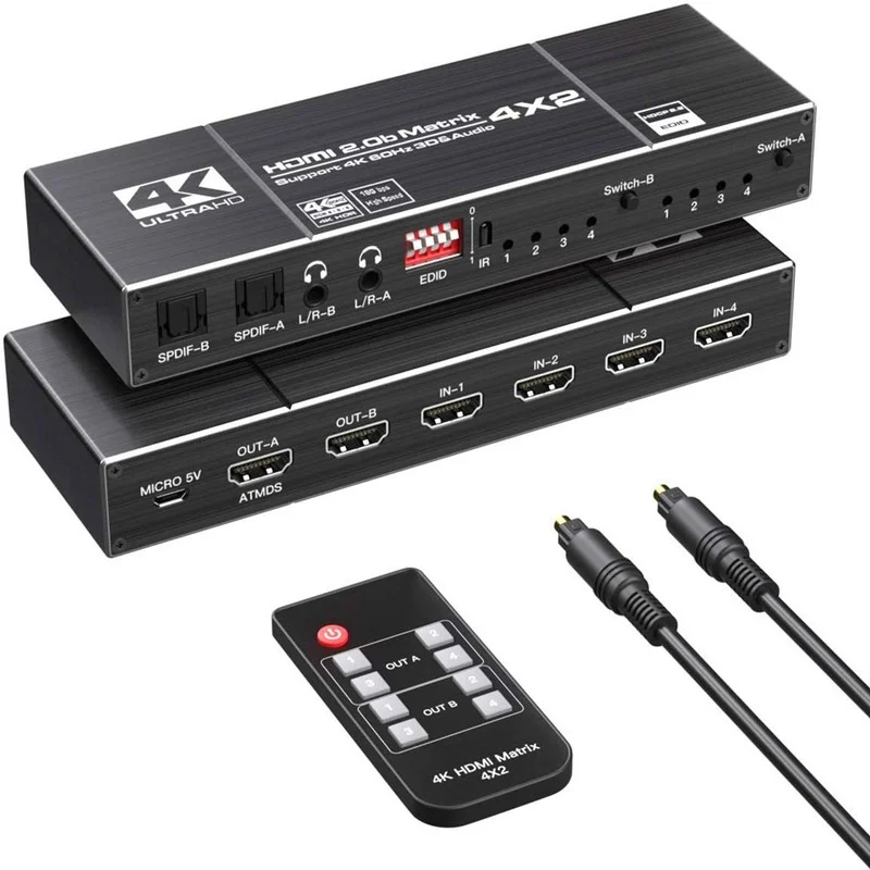 4K 60Hz HDMI Matrix 4x2 Switch Splitter Support HDCP 2.2 IR Remote ...