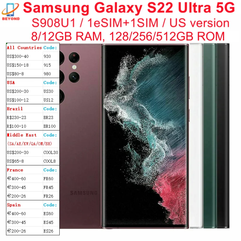 Samsung Galaxy S22 Ultra 5G S908U1 Original 6.8" AMOLED ROM 128/256 ...