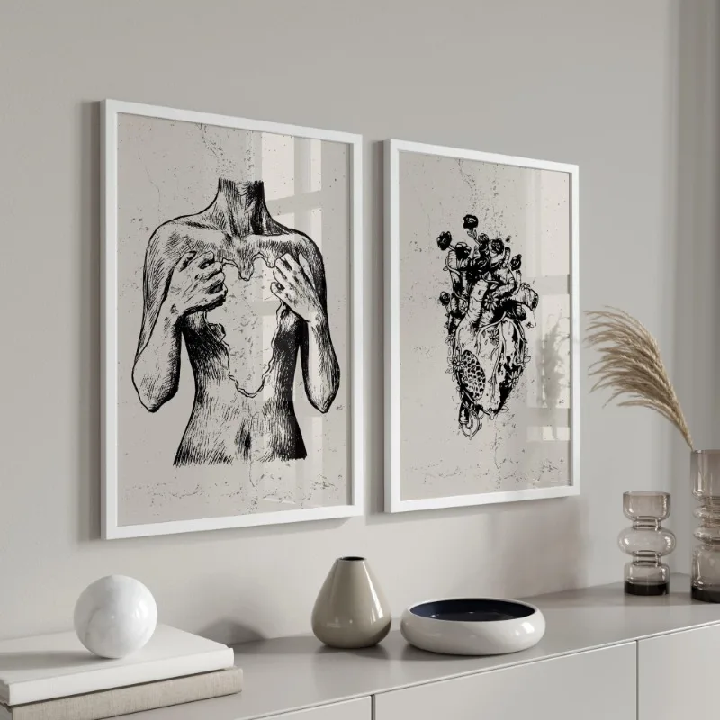Surreal-Black-Beige-Heart-Human-Body-Neutral-Retro-Poster-Print-Canvas ...