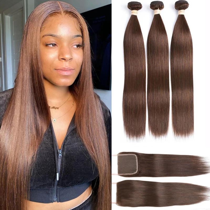 Light Brown Straight Bundles With Closure Brazilian Hair Weave Bundles ...