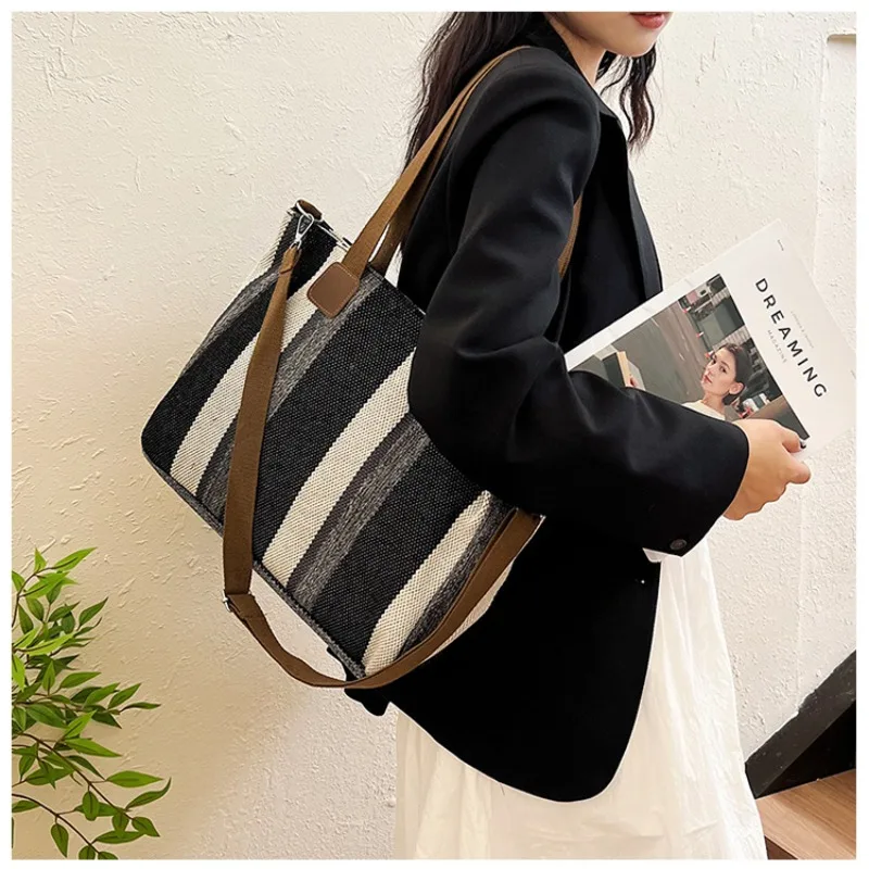 Women's Large Capacity Tote Bag Striped Crossbody Canvas Bag 2025 New ...