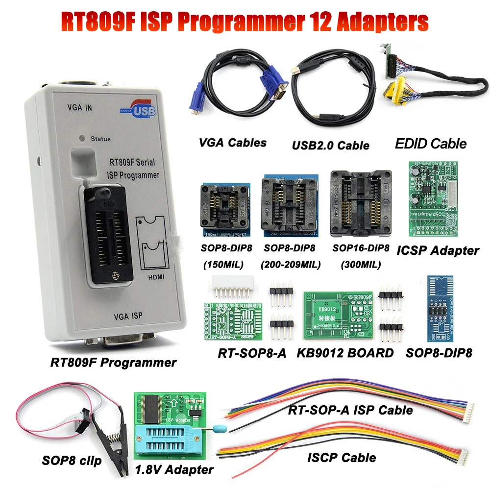 RT809F ISP Programmer with 12 Adapters RT809 LCD USB Chip Eeprom 24 25 ...