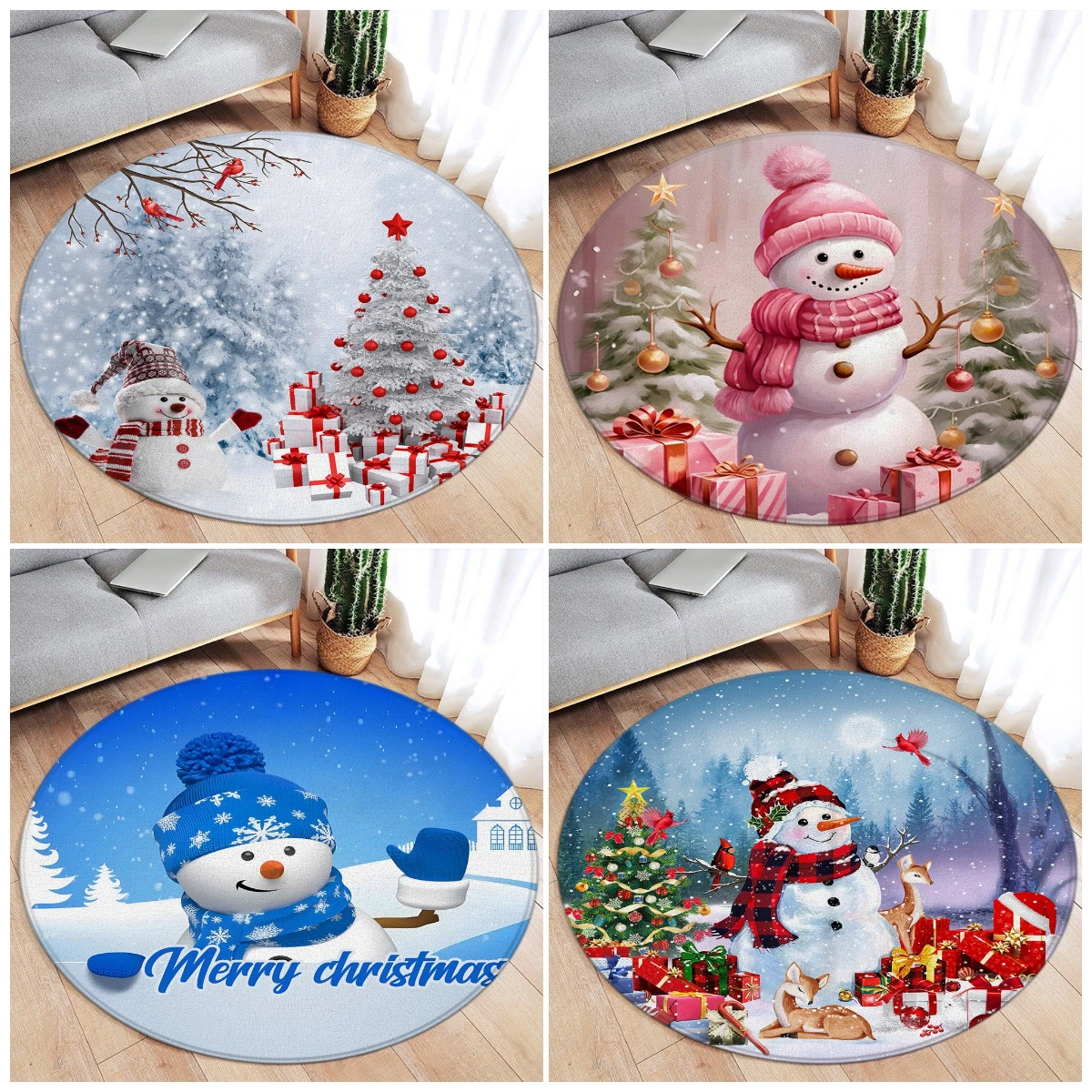 Cute-Snowman-Round-Carpet-Winter-Forest-Xmas-Tree-Gift-Elk-Christmas ...