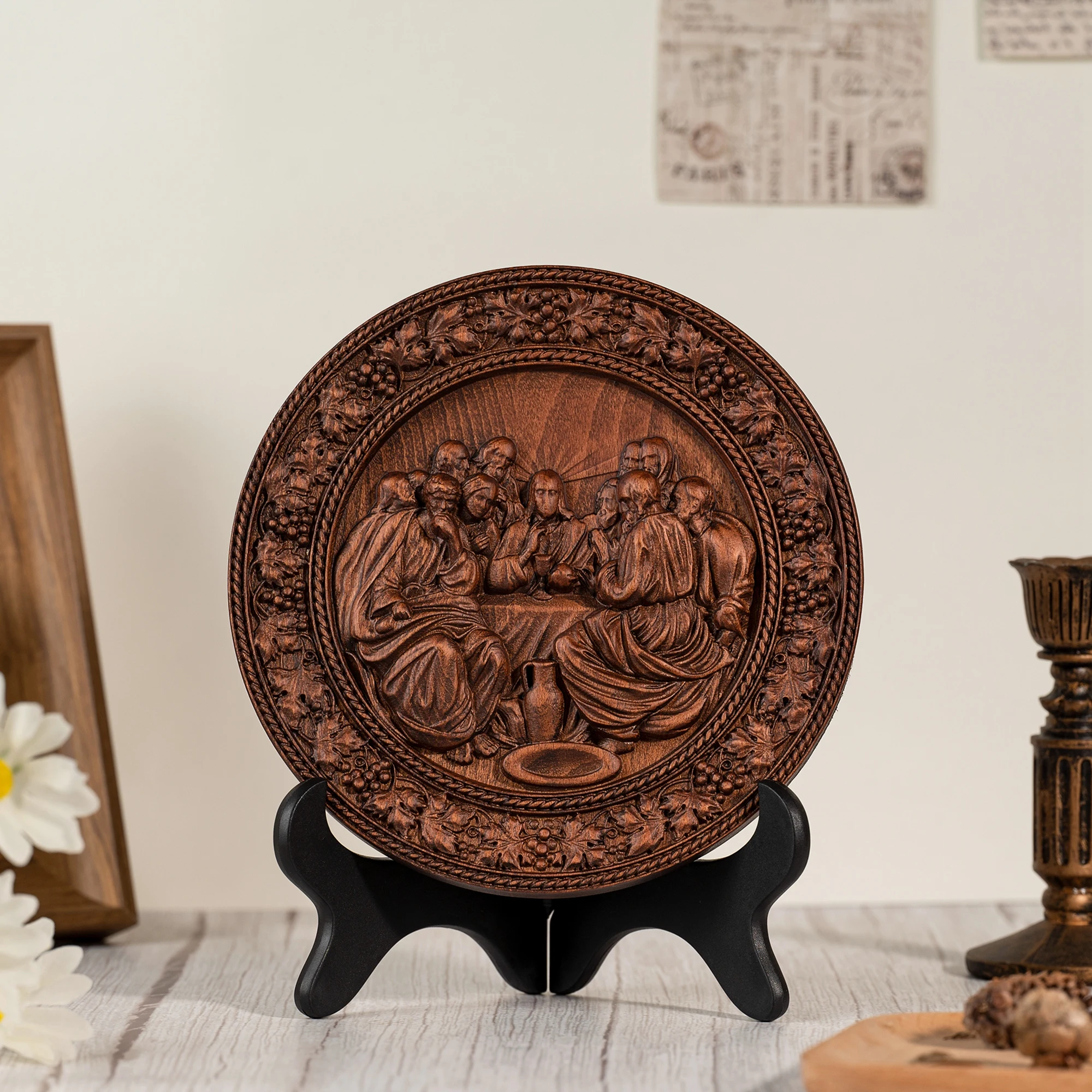 Round-Wood-Carving-Ornament-for-Living-Room-Decoration-Religious-Mural ...