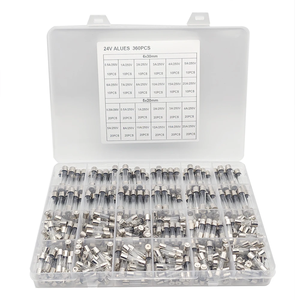 24 Values 360pcs Fast-Blow Glass Fuses Assortment Kit 5x20mm 250V 0.25 ...