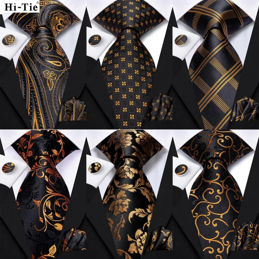 Hi-Tie-Psialey-Black-Gold-Silk-Elegant-Tie-For-Men-Groom-Wedding-Men ...