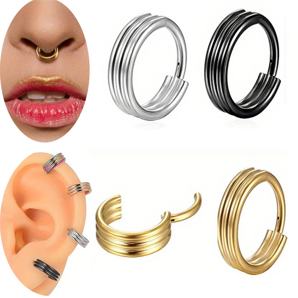 Triple Hoops Nose Ring Hoop Hinged Septum Tragus Rook Hoop Rings Conch ...