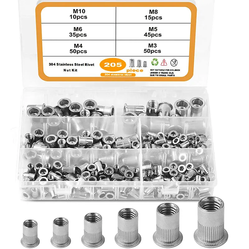 304-Stainless-Steel-Rivet-Nut-Assort-Set-Flat-Head-Riveter-Nuts ...