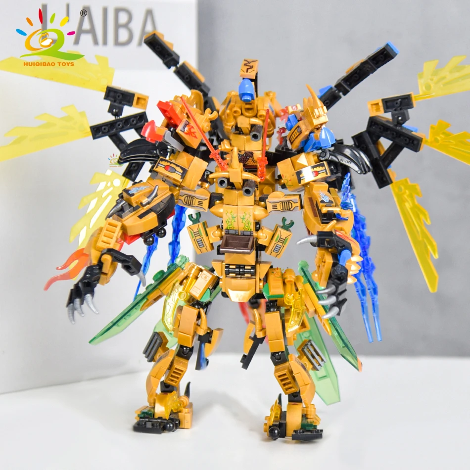 Huiqibao 727pcs Gold Ninja Mecha Model Building Blocks 4 In 1 Dragon ...