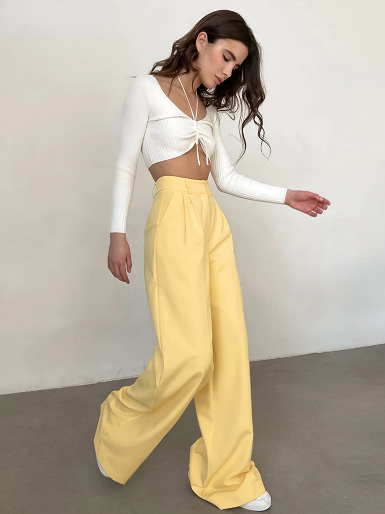 Sumuyoo-Elegant-Yellow-Formal-Trousers-Women-High-Waisted-Wide-Leg ...