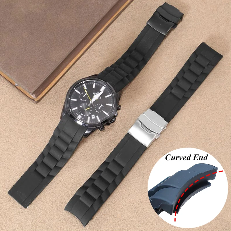 Waterproof-Silicone-Strap-Fold-Buckle-Curved-End-Watch-Band-for-Men ...