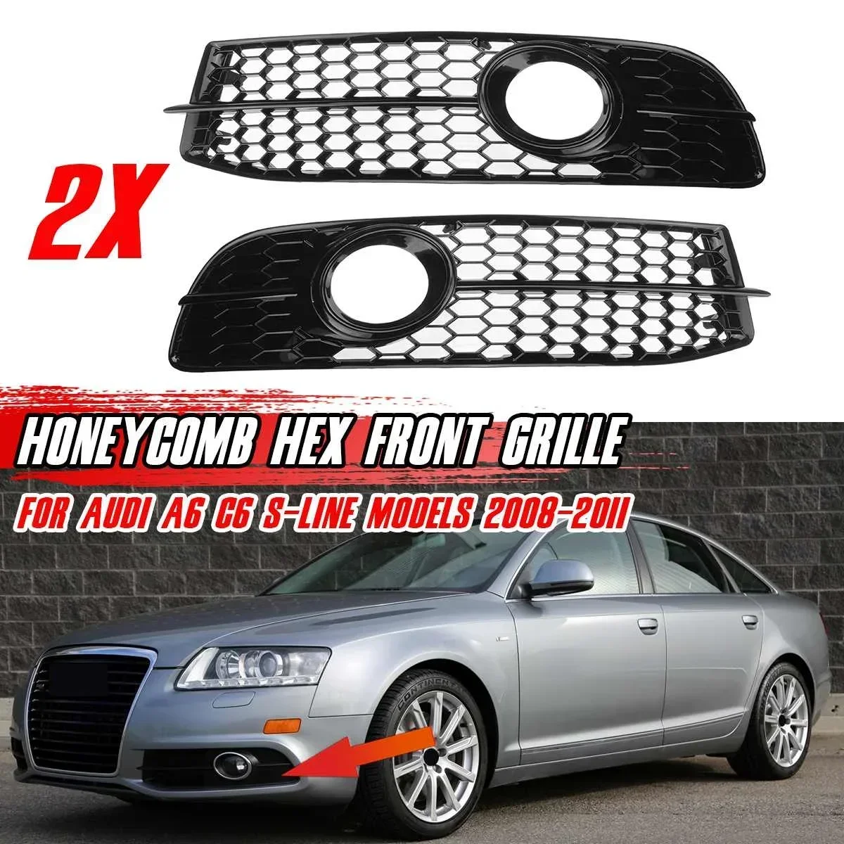2x-Car-Front-Bumper-Fog-Light-Grill-Cover-HONEYCOMB-HEX-For-Audi-A6-C6 ...