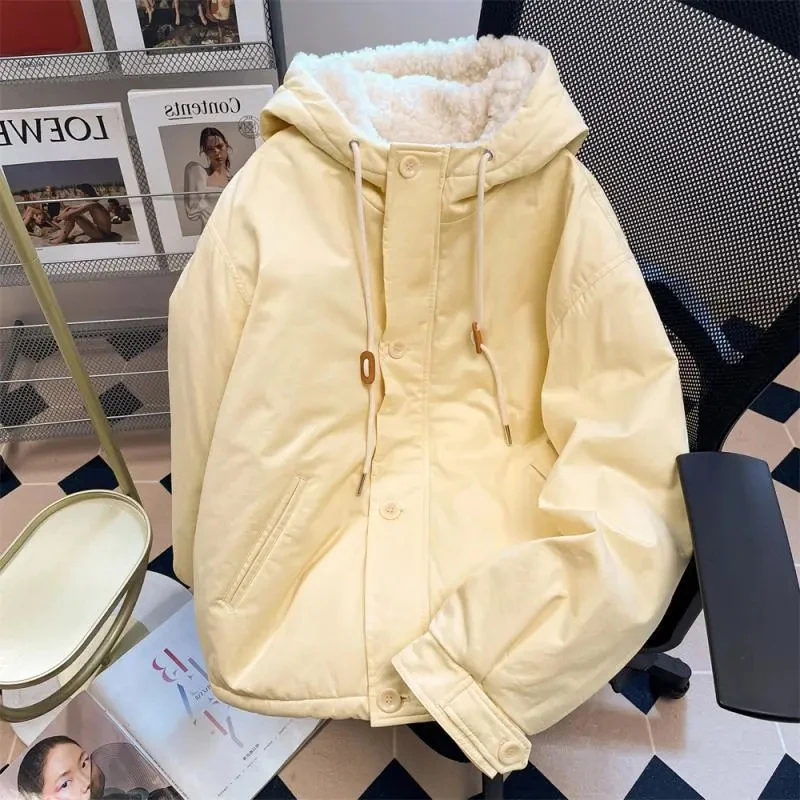 Yellow Winter Thick Parkas Women Long Sleeve Zipper Lace Up Casual ...