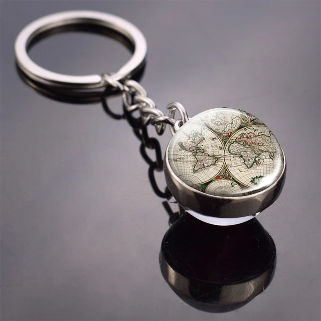 Vintage World Map Keychain Globe Earth Pendant Key Chain Americas ...
