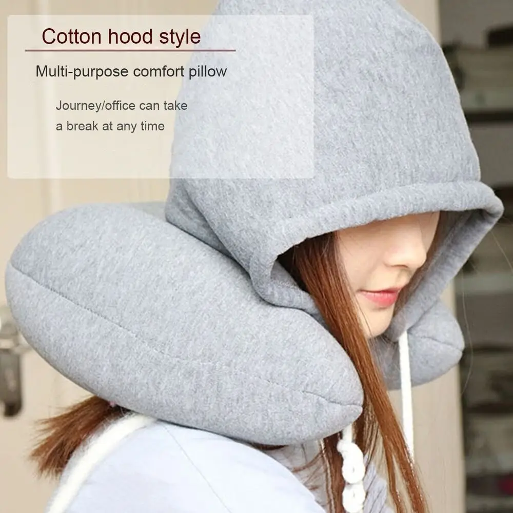 U-Shape Soft Comfortable Hooded Neck Travel Pillow Airplane Pillow with ...