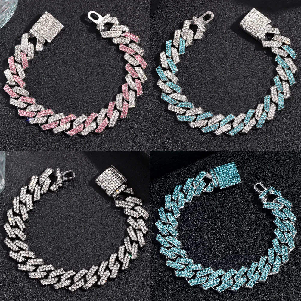 Fashion Pink Blue Iced Out Crystal Prong Cuban Link Chain Bracelet for ...