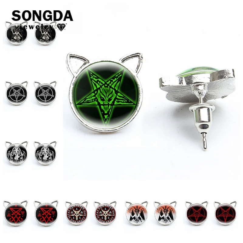 Baphomet Earrings Satanic Crosses & Pentagrams Goat Glass Cabochon Cat ...