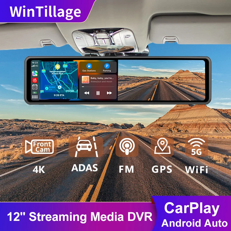 Cámara de salpicadero inalámbrica para coche, grabadora de vídeo DVR 4K ADAS de 12 pulgadas ...
