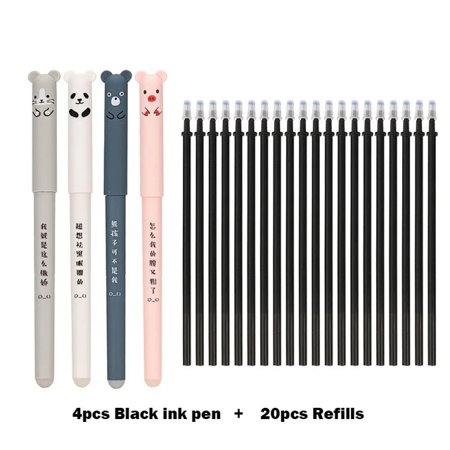 4+20 Pcs/Set Kawaii Pig Bear Cat Erasable Gel Pen Refills Rods 0.35mm ...