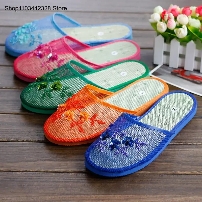 Summer Fashion Women's Mesh Fabric Material Flat Heel Home Indoor Four ...