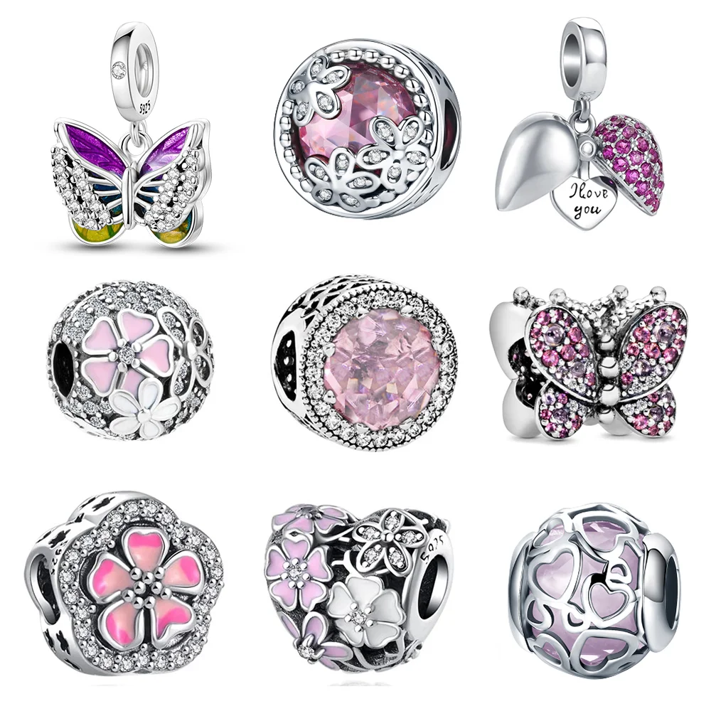 2022 nowy 925 srebro różowa seria motyl Firefly wisiorek DIY drobne koraliki Fit oryginalny ...
