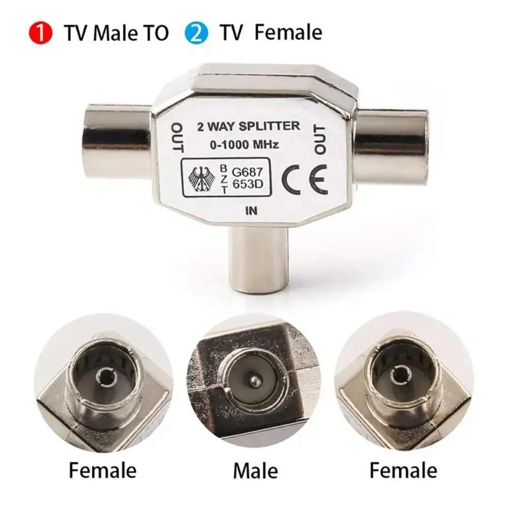 Male To Two Female TV Aerial Coaxial Connector 2 Way Plug TV/T Adapters ...