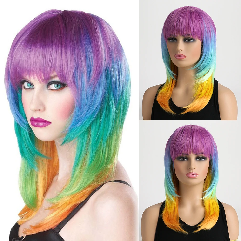 16 Inch Synthetic Short Bobo Rainbow Wig With Bangs For Women Perfect ...