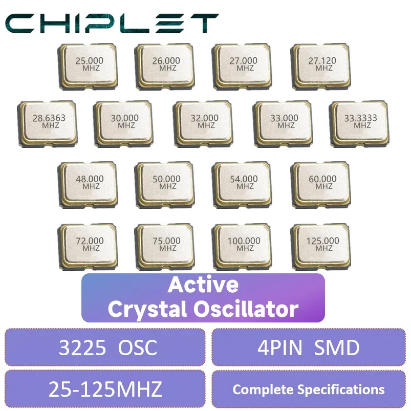 5pcs SMD 3225 Active Crystal Oscillator OSC 4Pin 25MHZ 27MHZ 30MHZ 33MHZ 40MHZ 48MHZ 72MHZ 50MHZ ...