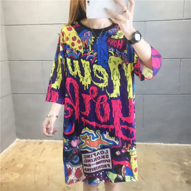 Women Hip Hop Long T Shirt Mesh Breathable Loose New York Letter ...
