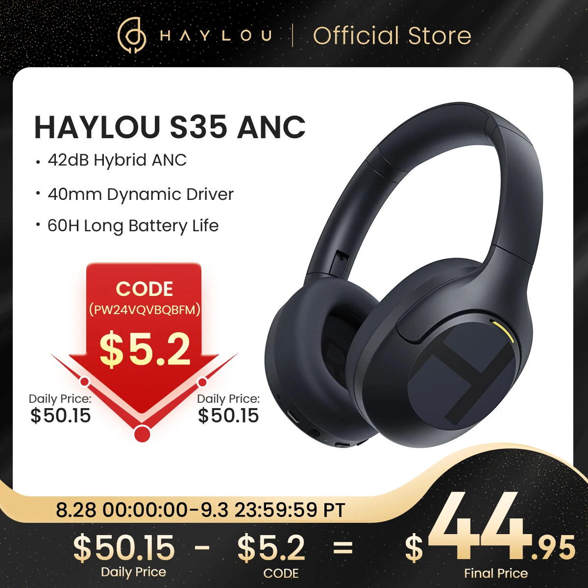 HAYLOU S35 ANC 무선 블루투스 5.2 헤드폰, 42dB 오버이어 노이즈 캔슬링 헤드셋, 40mm 드라이버, 60 시간 재생 이어폰