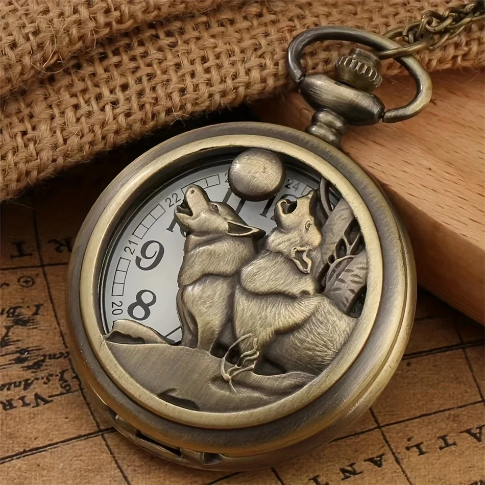 Vintage-Bronze-Lobo-Esculpido-Quartz-Rel-gio-De-Bolso-Colar-Requintado ...