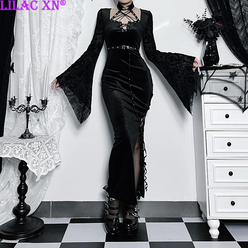 Goth Sexy Bandage Flared Sleeve High Slit Bodycon Long Dresses Vintage ...