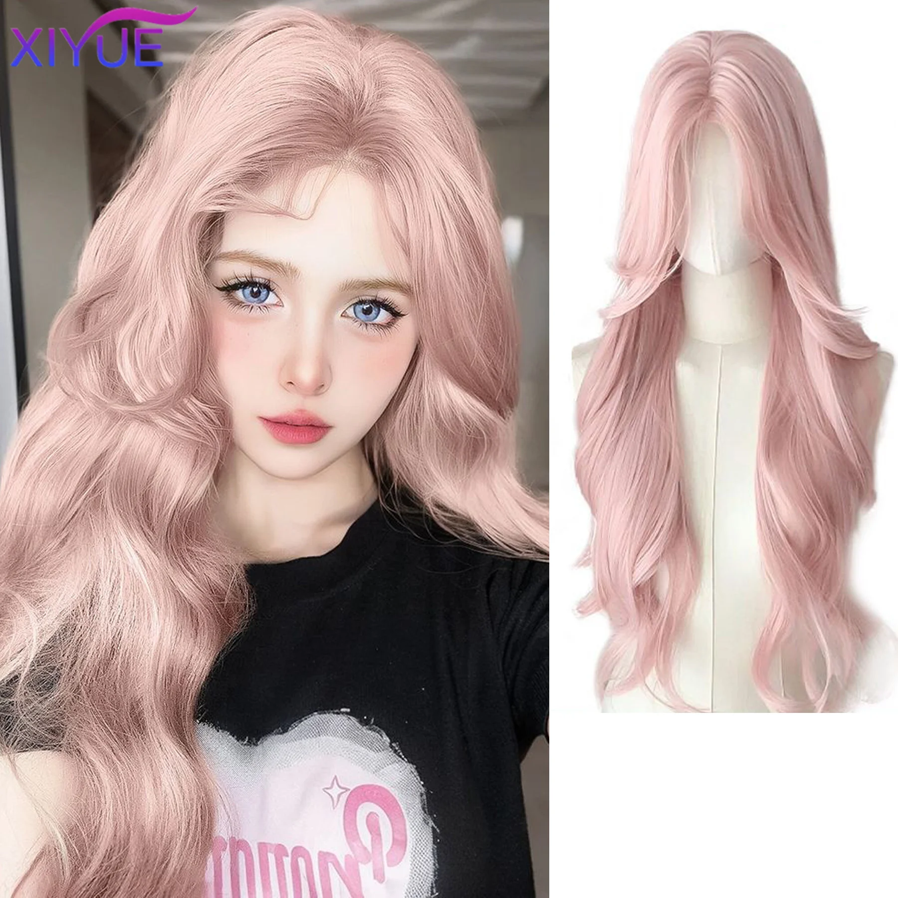 Synthetic Pink Wig for Women Long Wavy Cosplay Wigs Natural Soft Sweet ...