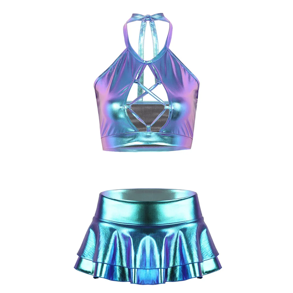 Two Piece Sets Womens Outifits Clothing Set Shiny Metallic Rave Erotic ...