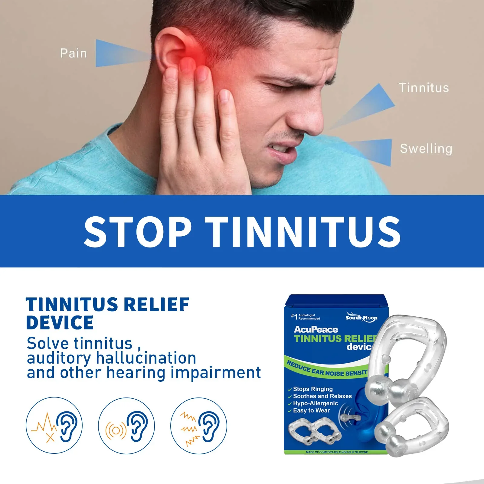 Tinnitus Relief Ear Clip Portable Anti Tinnitus Ear Cuff Earss Ringing ...