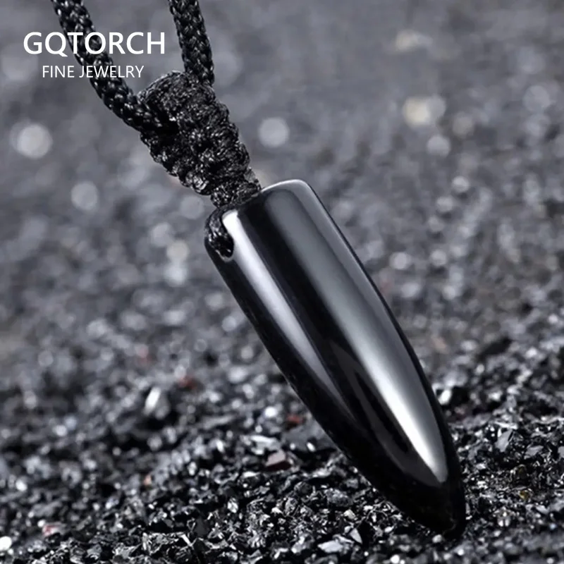 Natural Obsidian Bullet Pendant Rope Chain Men Necklace Fashion Pendant ...