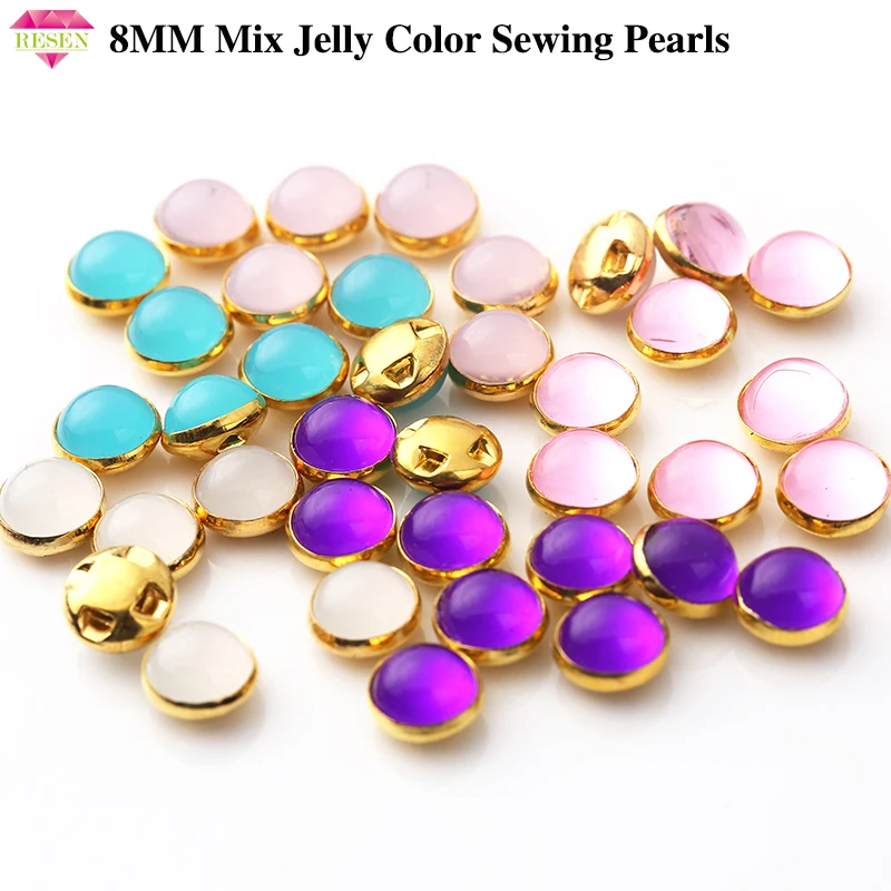 RESEN 8mm 100pcs Sew On Pearls Jelly Color With Gold/Sliver Claw ...