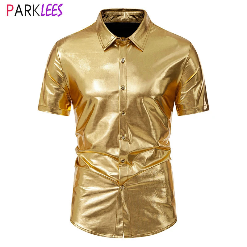 Shiny-Gold-Metallic-Short-Sleeve-Shirt-Men-2024-Brand-New-Disco-Party ...