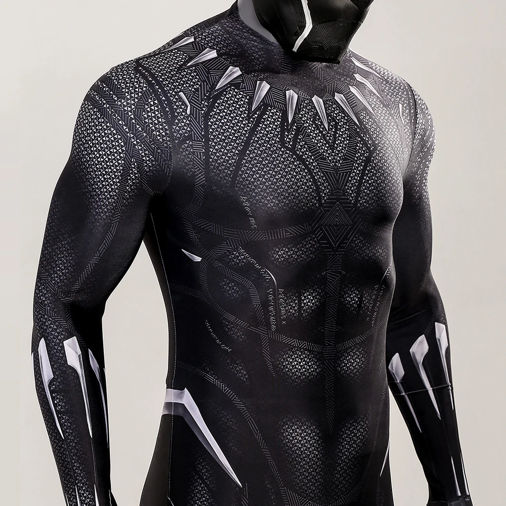 Black SuperHero Costume Elastic Spandex T'Challa Cosplay Jumpsuit 3D ...