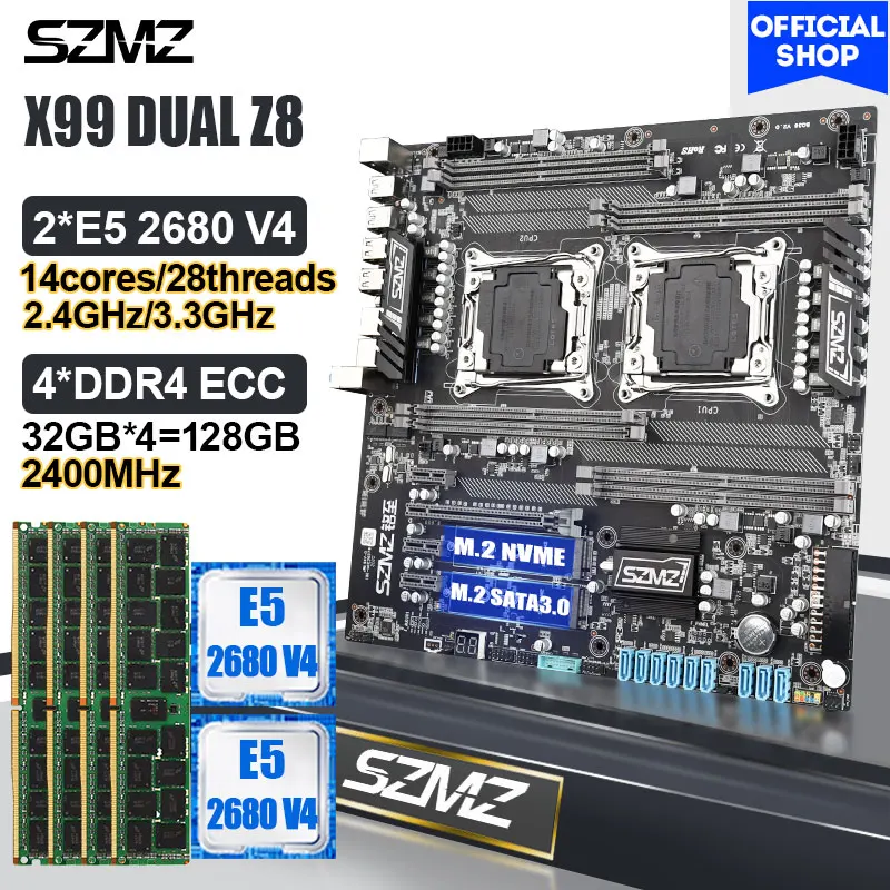 Szmz X99 Dual Motherboard Combo With 2 Pcs Xeon E5 2680 V4 Cpu And 32gb ...