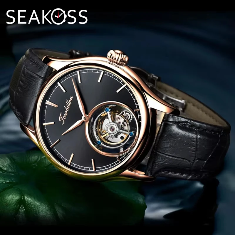 SEAKOSS 7005 Flying Tourbillon Skeleton Watch for Men Mechanical 50M ...