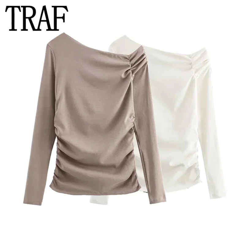 TRAF-Off-White-camisetas-para-mujer-Top-corto-con-hombros-descubiertos-Top-asim-trico-fruncido ...