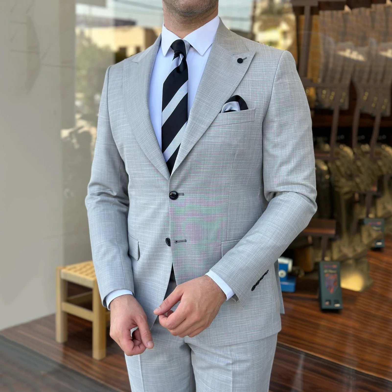 Fashion Grey Suits For Mens Formal Business Blazer Peak Lapel Wedding ...