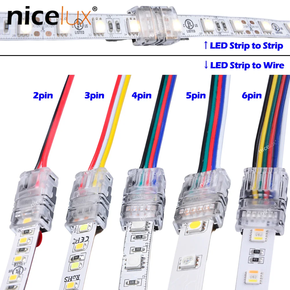 Conector de tiras LED, 5 piezas, 2 pines, 3 pines, 4 pines, 5 pines, 6 pines, sin soldadura ...
