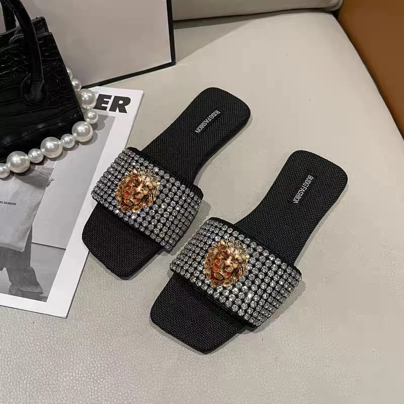Luxury diamond slippers women wear summer new fa shion flat bottom net ...