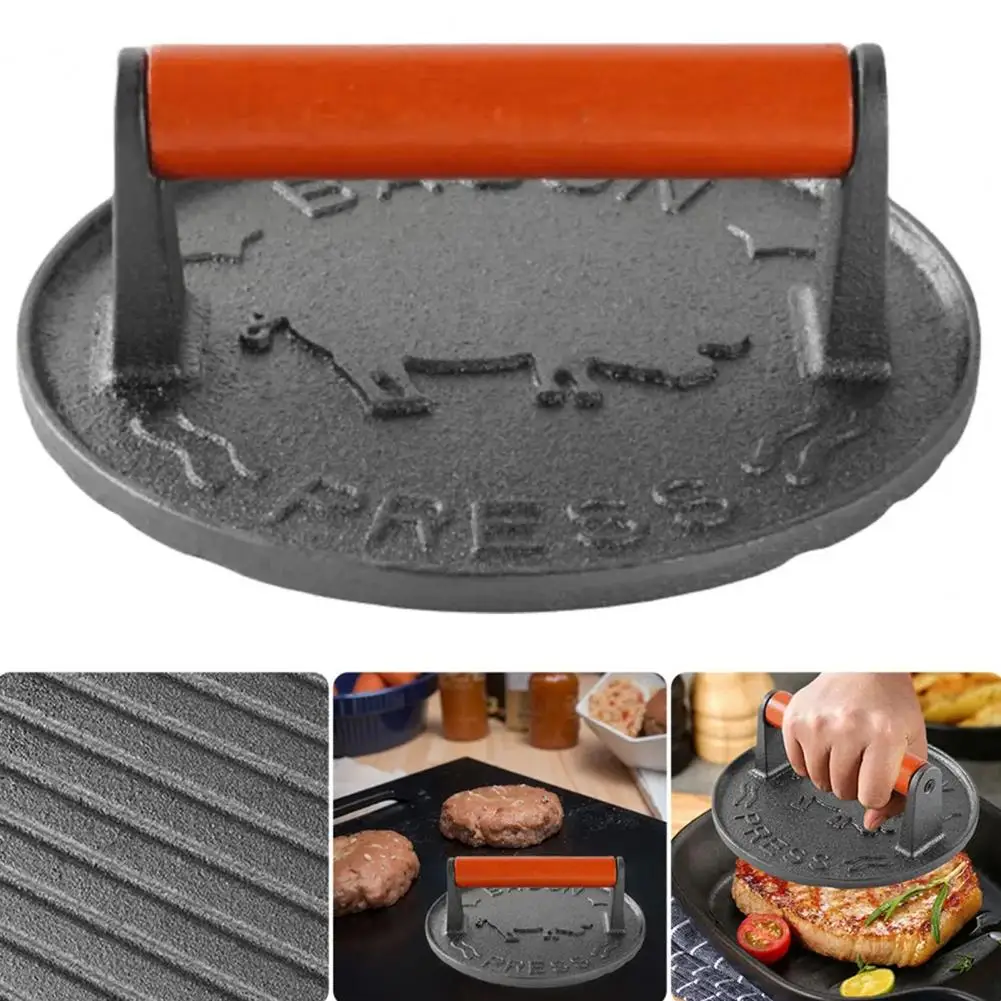 Bacon-Flattener-Tool-Heavy-duty-Cast-Iron-Burger-Press-with-Wooden ...